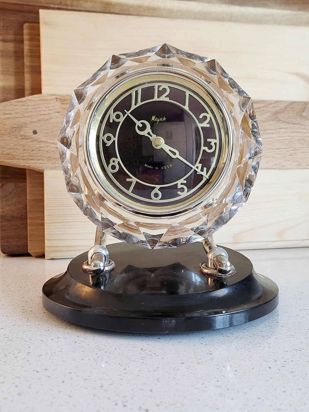 MCM Mechanical Glass Mantle Clock, Majak Desk Clock, Bakelite Base ...