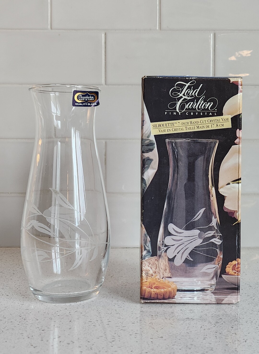 Handmade Turkish Glass Vase, Crystal With Etched Floral Motif, Tall ...