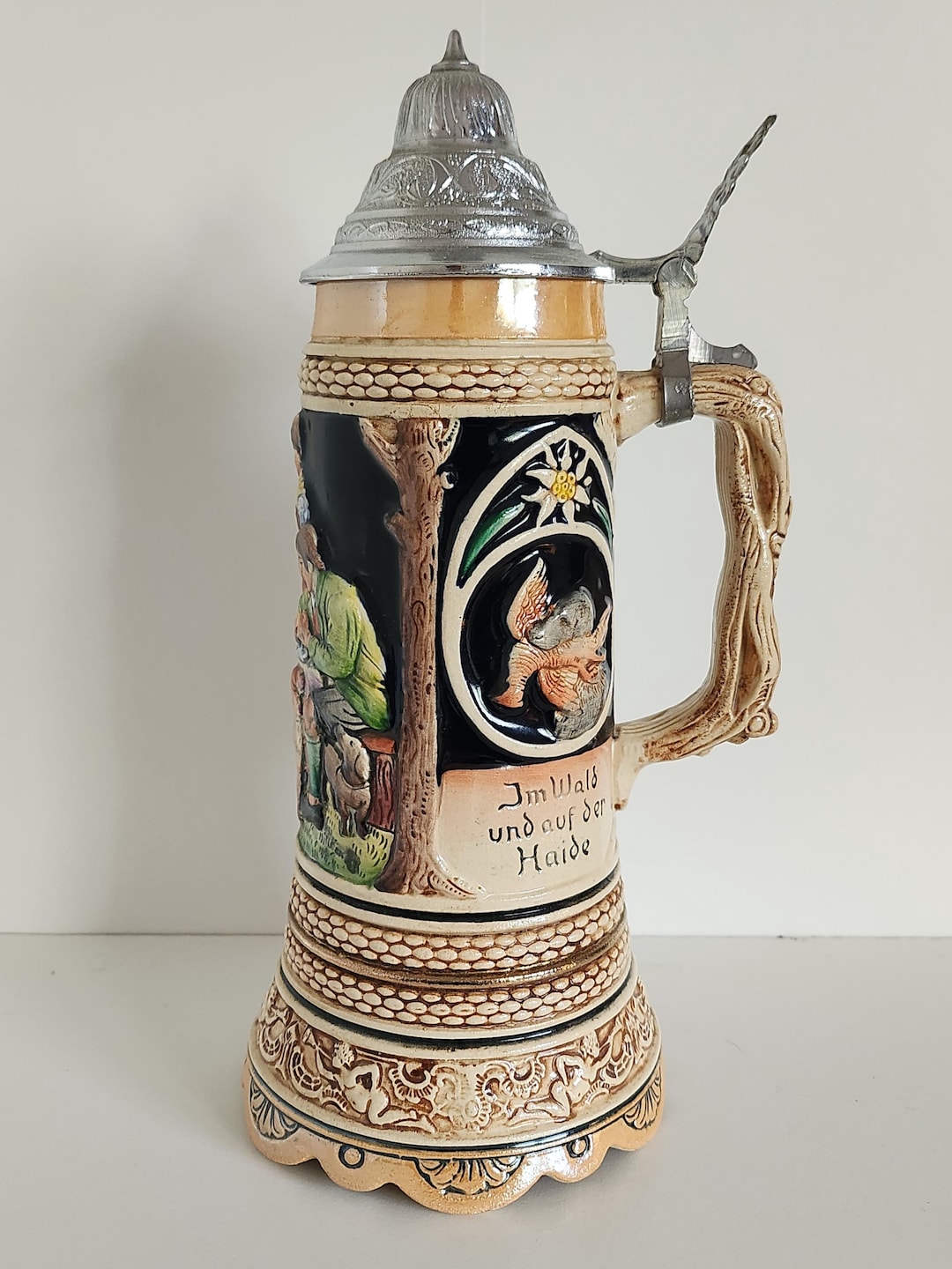 Vintage Musical Beer Stein, 11”, Hand Painted Hunting Scenes, Ceramic ...