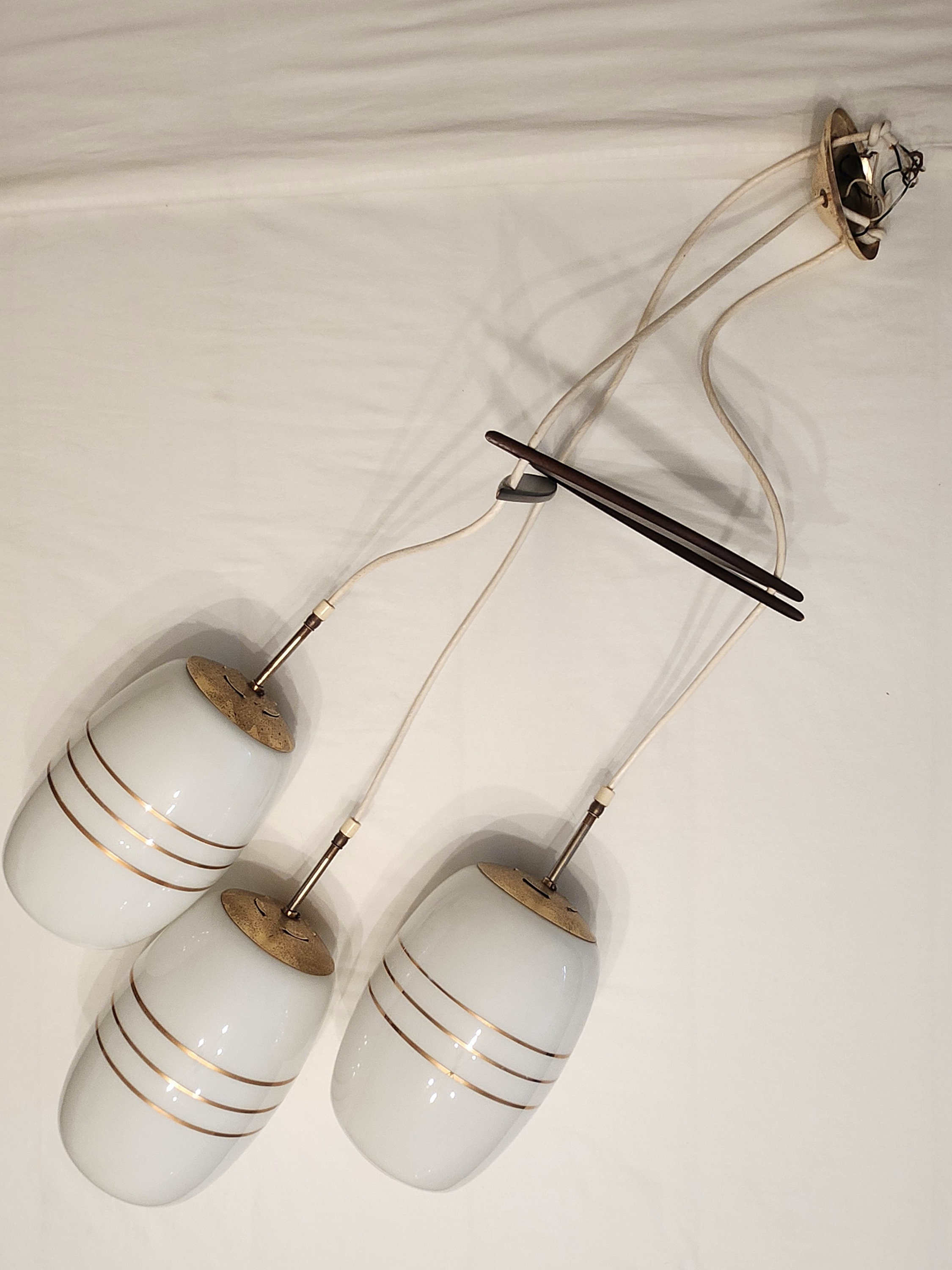 1960s Glass and Walnut Pendant Ceiling Light Fixture, Statement ...