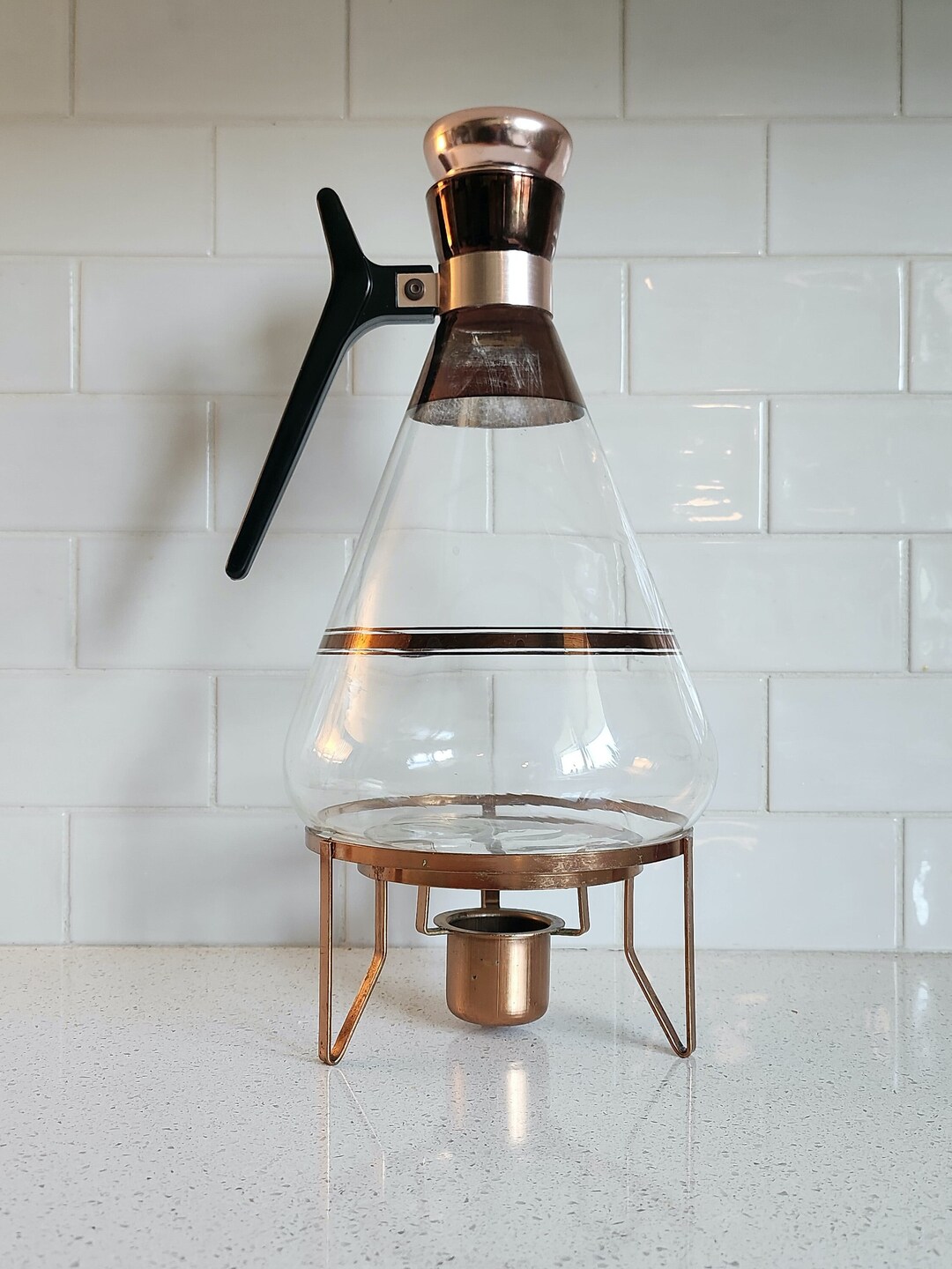 1950s Glass Coffee Carafe With Warming Stand, Copper Accents and Copper ...