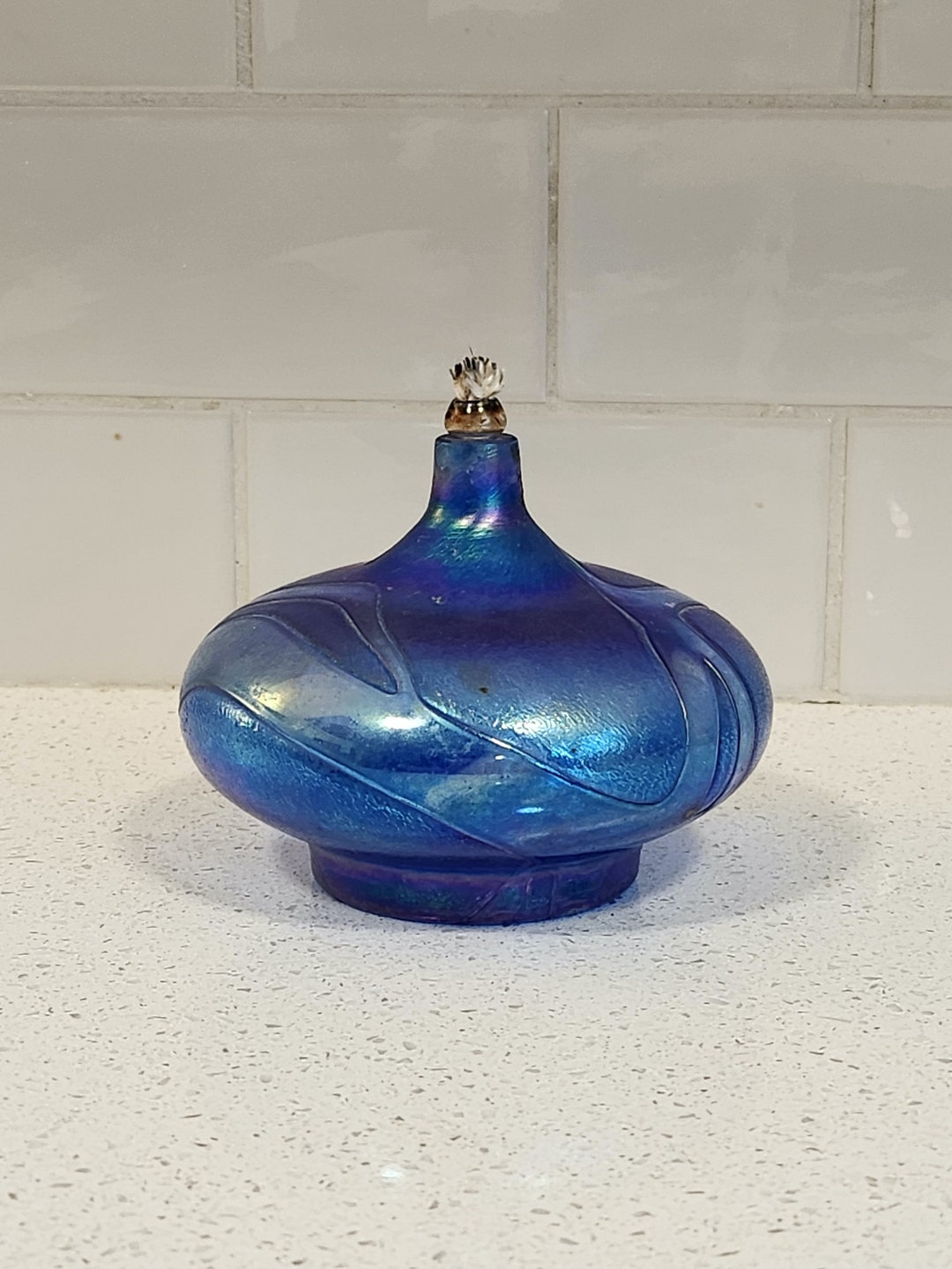 Glass Oil Lamp, Iridescent Art Glass, Home Decor, Shelf Art, Kitschy, Meditation, Candle Light ...