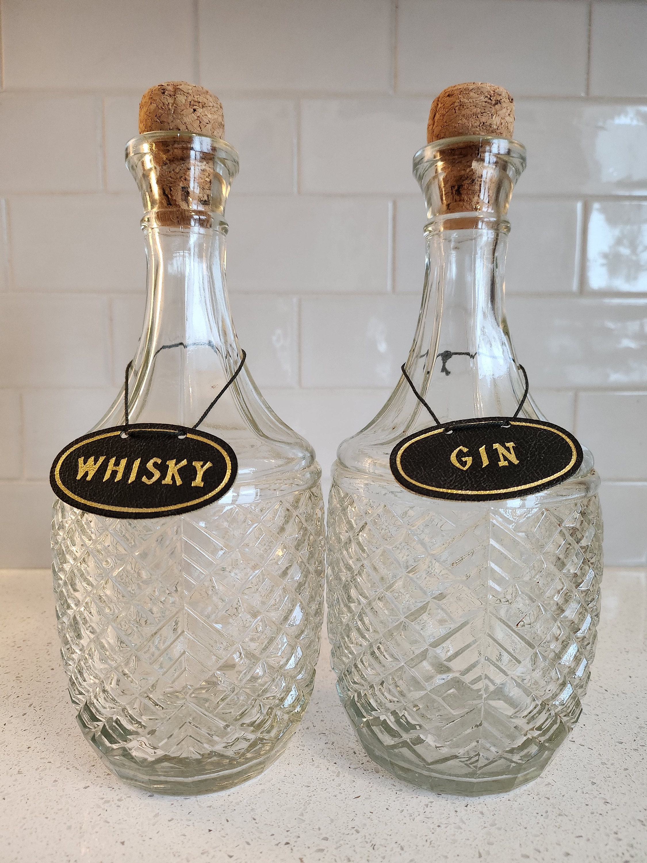 1960s Vintage Liquor Decanter Set With Caddy, Hang Tags, Cork Stoppers, Glass, Mid-century, Mcm ...