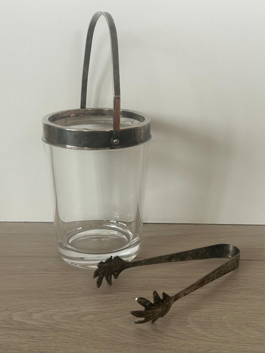 1960 Small Glass Ice Bucket With Silverplate Trim, Handle and Tongs ...