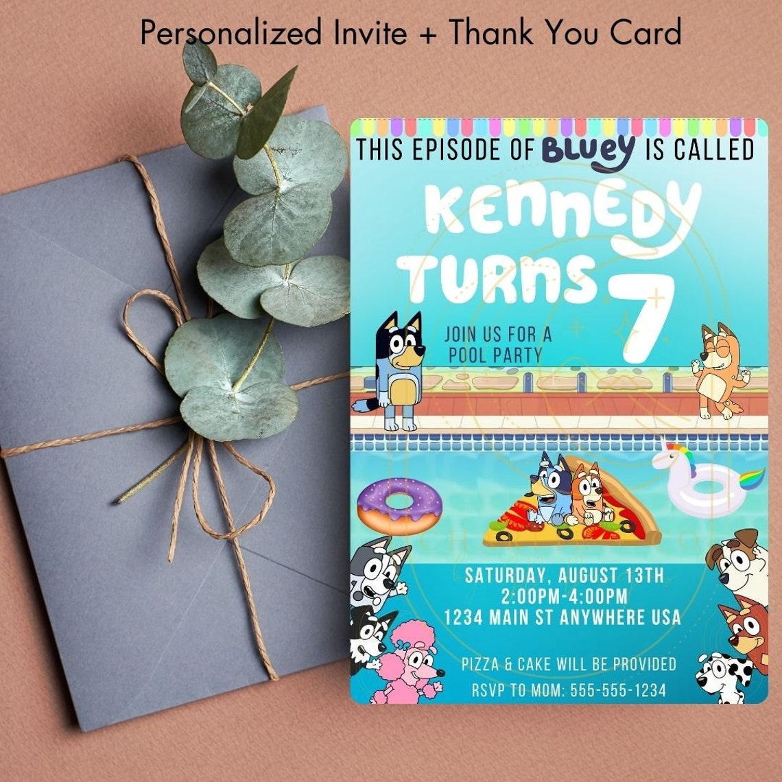 Bluey Pool Party Birthday Invitation, Bluey Thank You, Bluey Editable ...