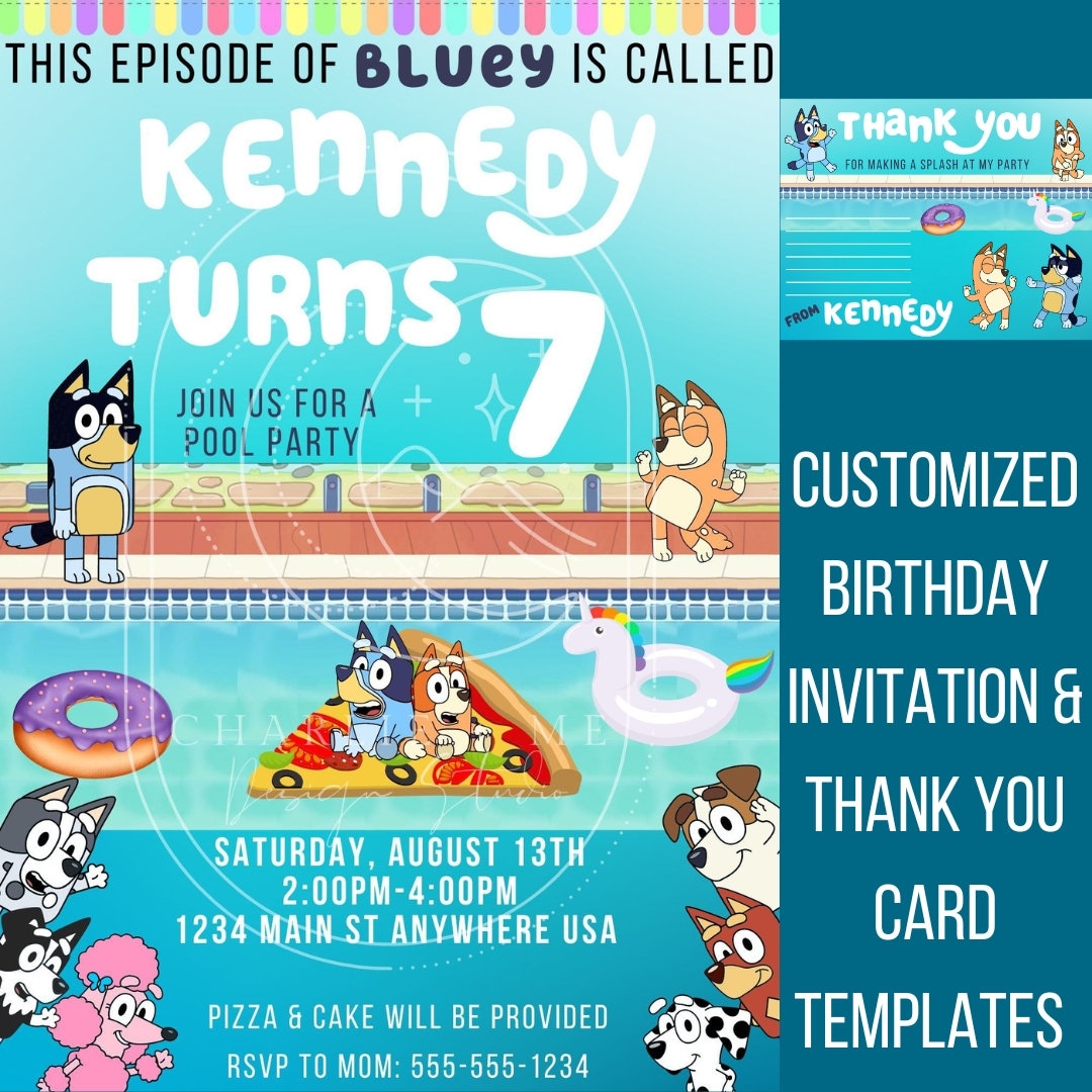 Bluey Pool Party Birthday Invitation Bluey Thank You Bluey - Etsy