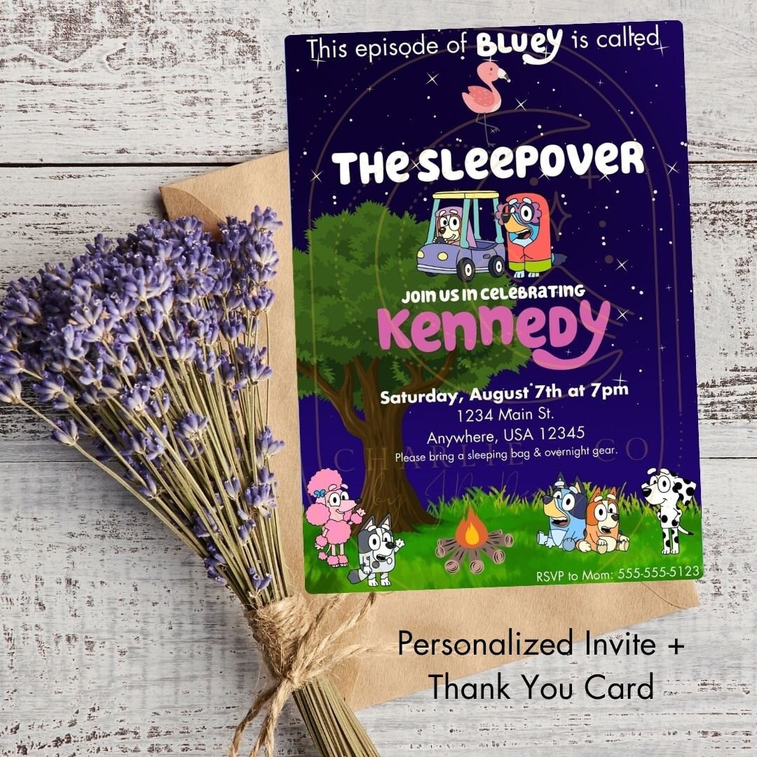 Bluey Sleepover Party Birthday Invitation, Bluey Thank You, Bluey ...