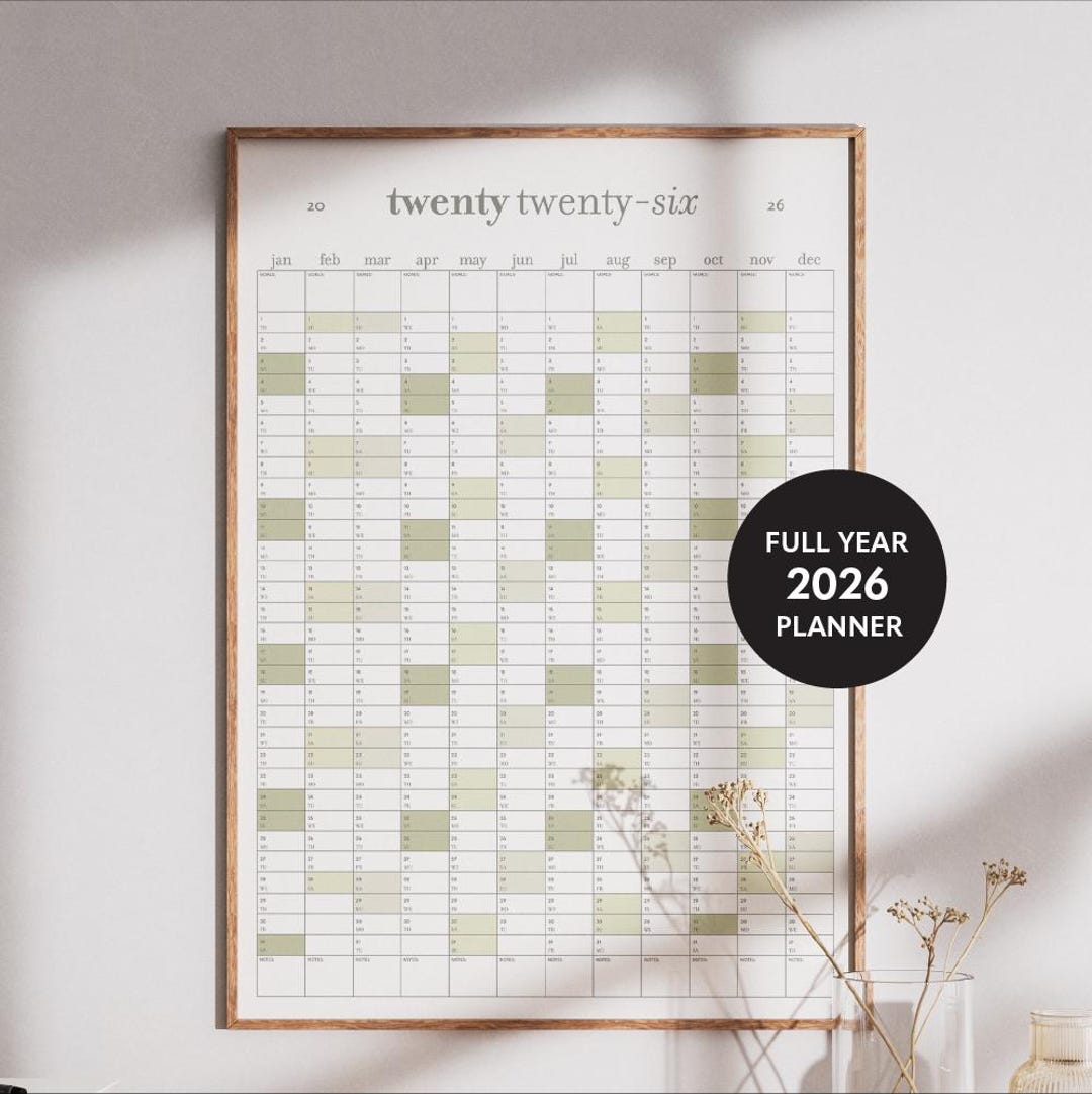 A2 & A1 Green Portrait Minimalist 2026 Full-year Wall Planner in PDF ...