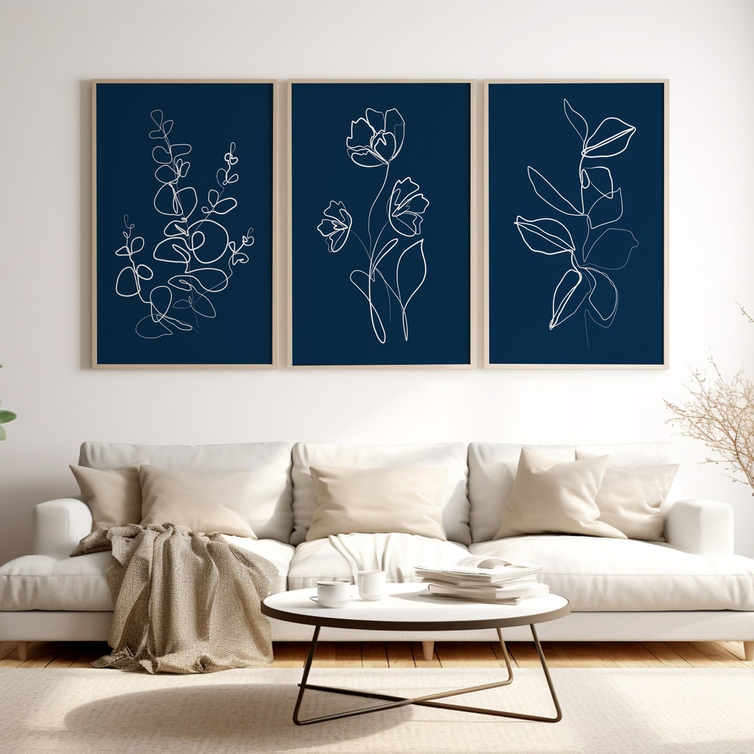 Minimalist Navy Blue Floral Line Art Prints: Set of 3 (digital Download ...
