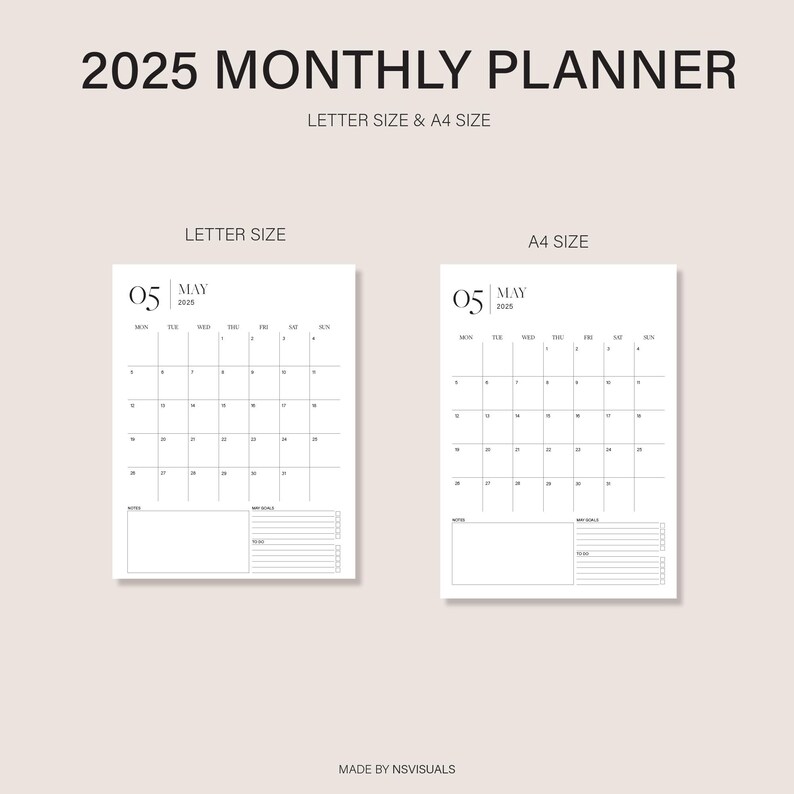 2025 Monthly Planner. A4 and Letter Size Portrait Format. Simple ...