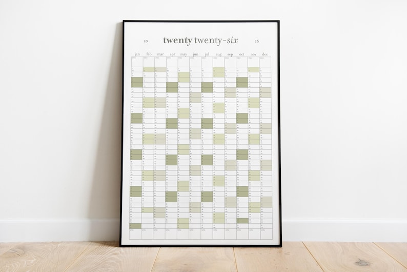A2 & A1 Green Portrait Minimalist 2026 Full-year Wall Planner in PDF ...