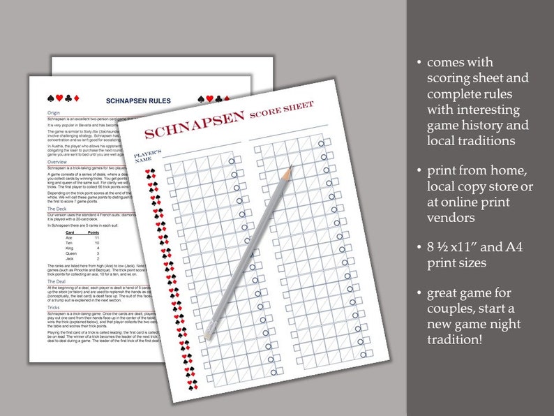 Schnapsen Score Sheet and Game Rules I Fun Two-player Card Game I ...