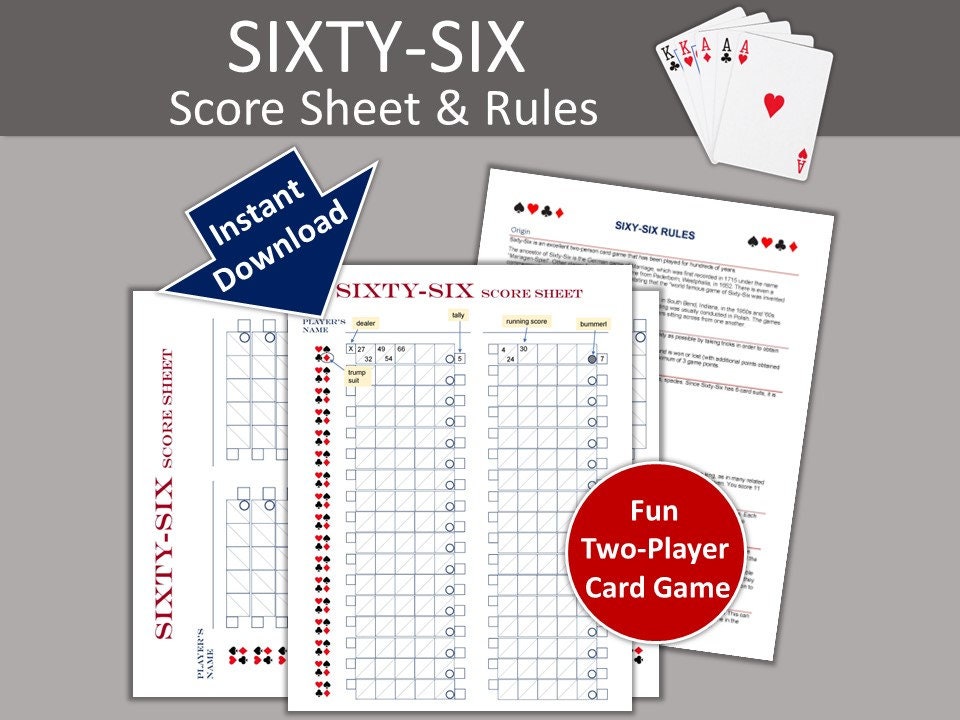 Sixty-six Score Sheet and Game Rules I Fun Two-player Card Game I ...
