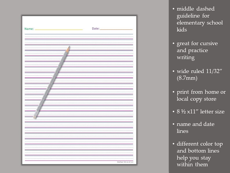 Wide Ruled Lined Writing Paper / Dotted Middle Line / Classroom Cursive ...