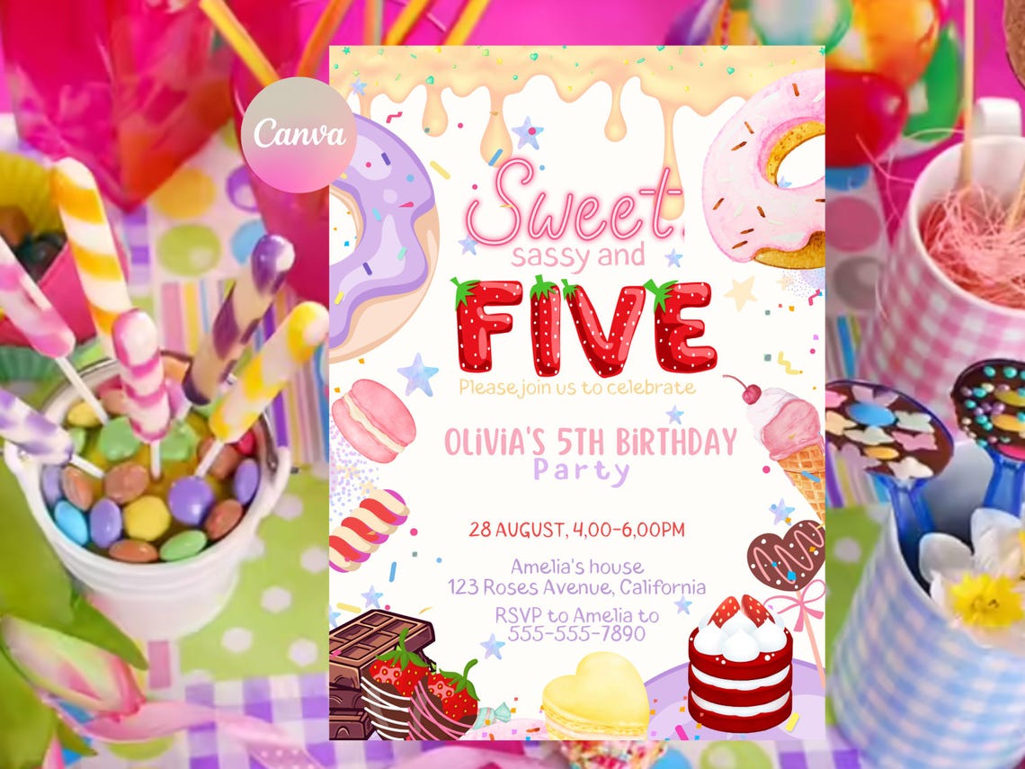 Sweet Five Birthday Invitation, 5th Girl Party Invite, Girl Sweet and ...