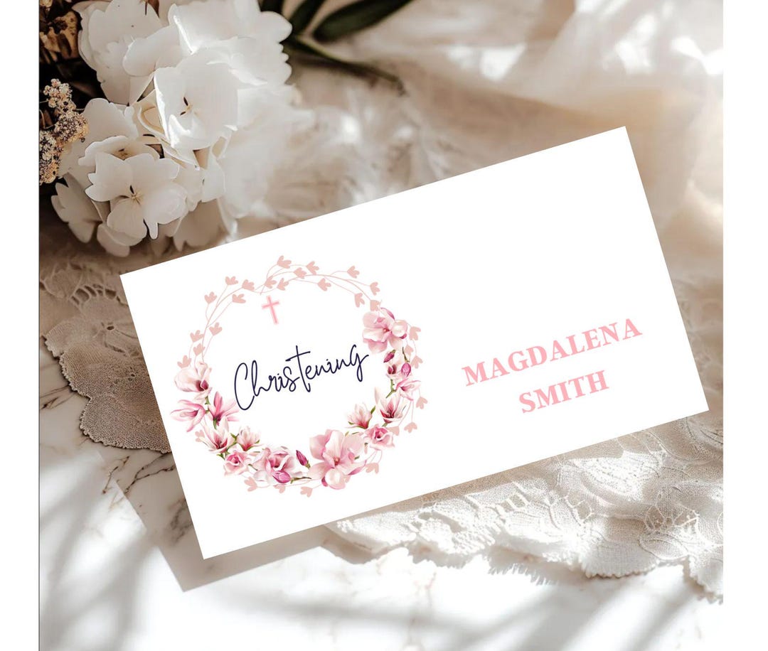 Pink Magnolias Christening Food Label, Place Card Baptism Template ...