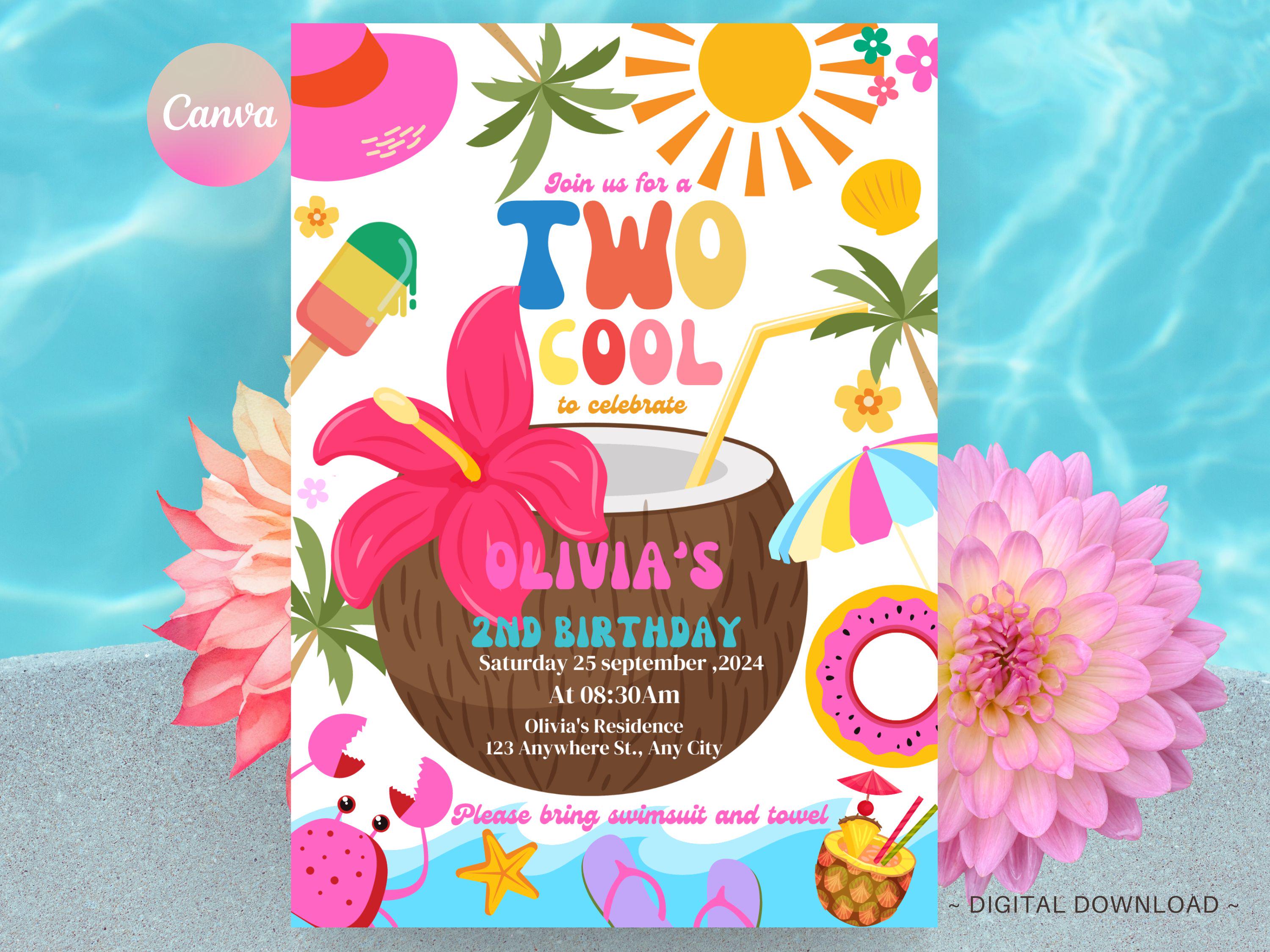 Pink Two Cool Pool Party Birthday Invitation, Girl Swim Party Invite ...