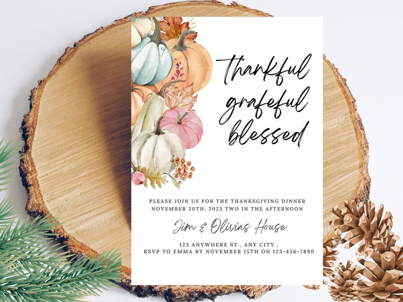 Pastel Pumpkins Party Invitation Template, Thankful Grateful Blessed ...