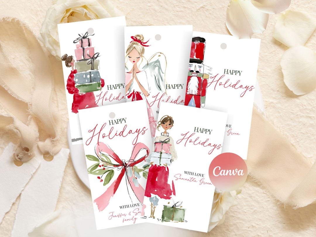 Printable Happy Holidays Gift Tag Bundle Template, Hand Drawn Holiday ...