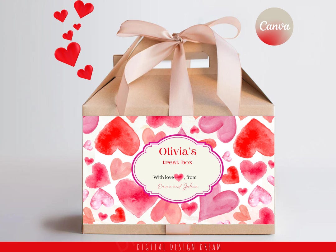 Hearts Valentine's Day Box Label, Pink Red Galentines or Valentine ...