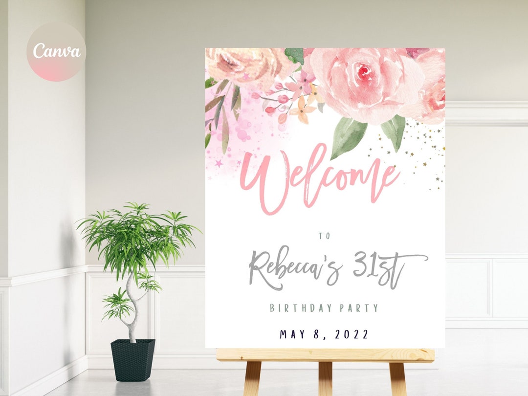 Pink Roses Birthday Welcome Sign , Elegant Girl Woman Pink Any Age ...