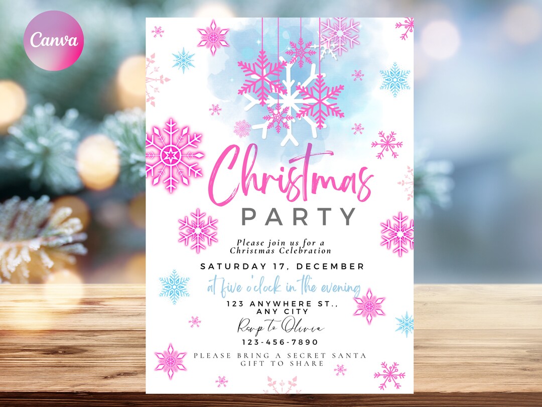 Pink Snowflakes Christmas Invitation, White Xmas Party Invitation ...