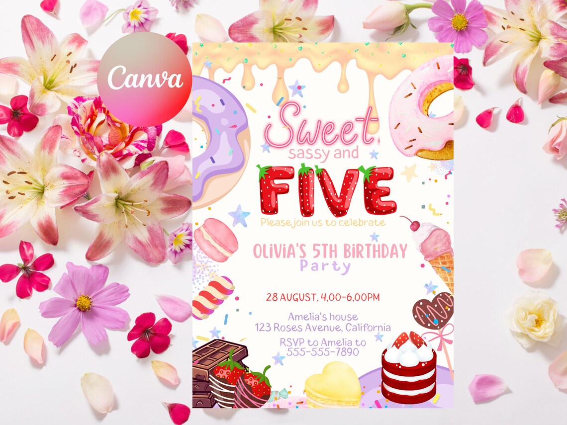Sweet Five Birthday Invitation, 5th Girl Party Invite, Girl Sweet and ...