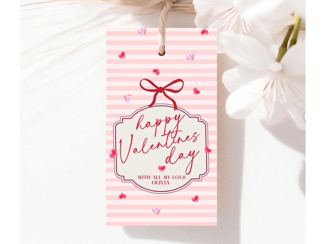 Classic Valentine's Day Gift Tag, Printable Pink Bow & Stripes Canva ...