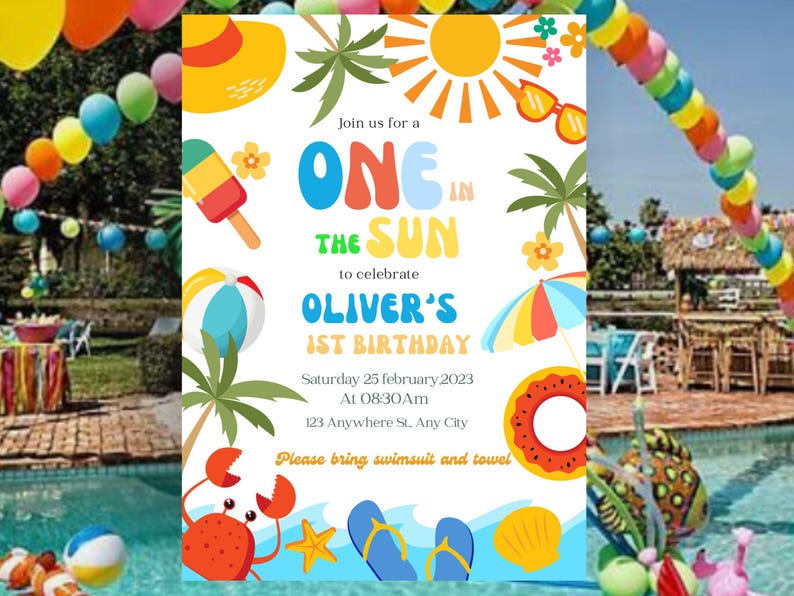 One in the Sun Birthday Invitation, Boy First Birthday Pool Party Text ...