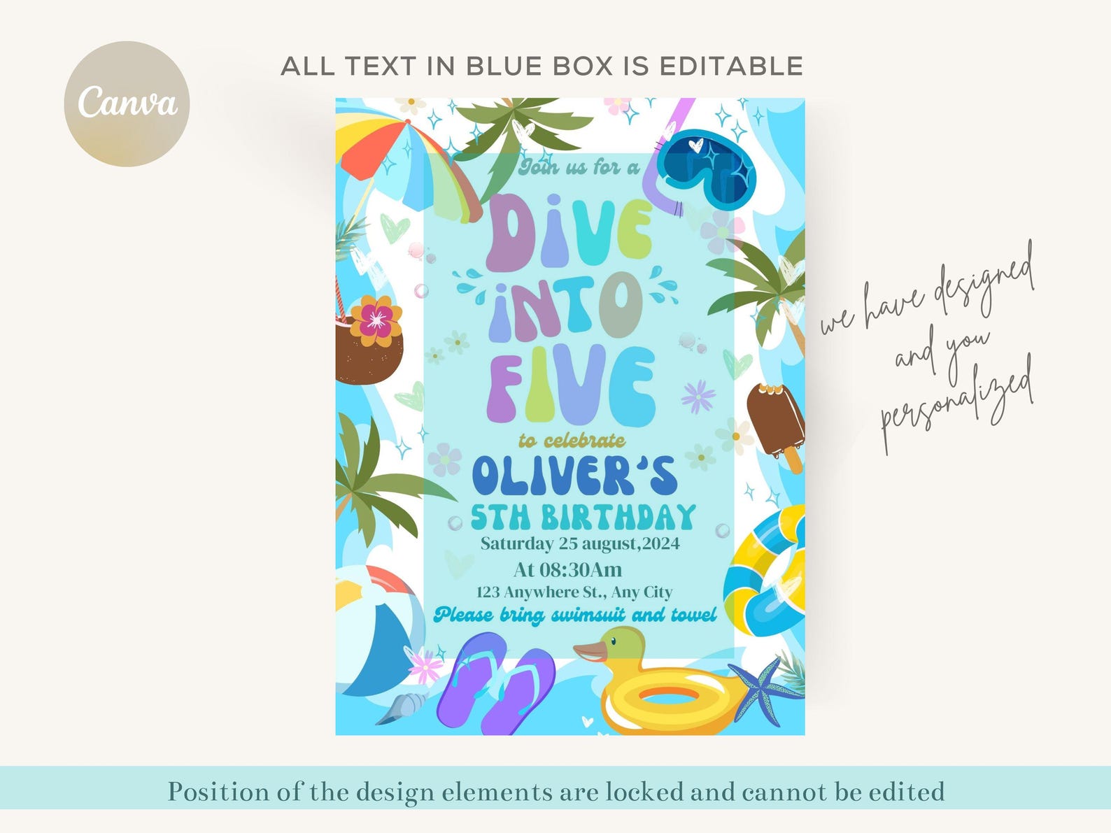 Dive Into Five Boy 5th Birthday Invitation, Digital Boy Summer Beach ...