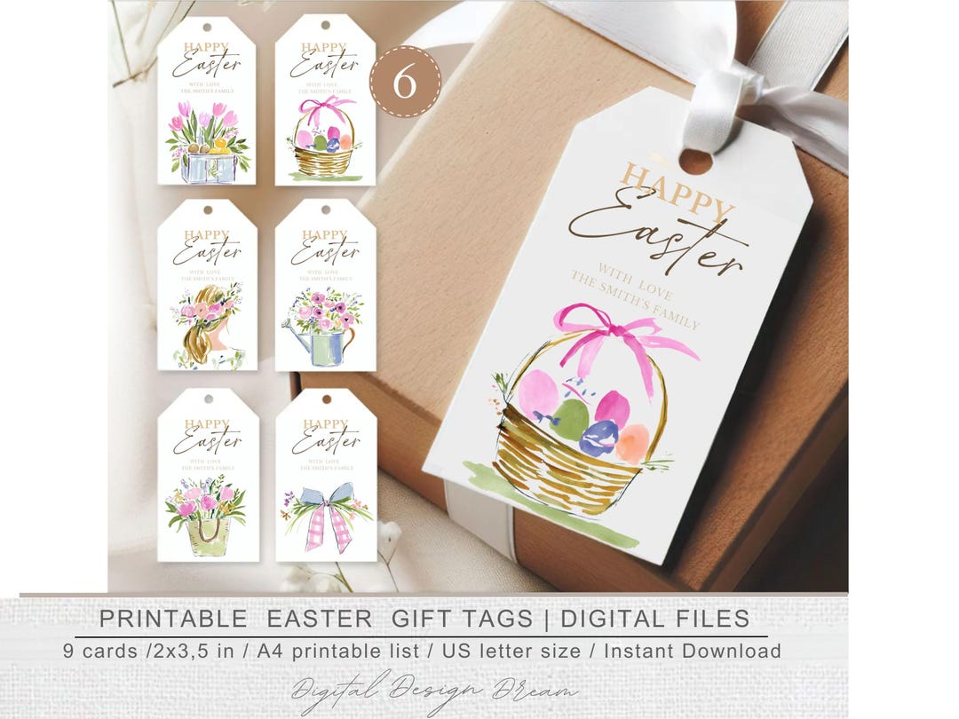 Easter Gift Tags Printable, Hand Drawn Watercolor Easter Basket Tags ...