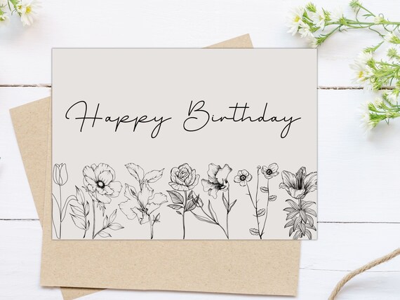 Floral Minimalist Happy Birthday Card Template Editable Card | Etsy