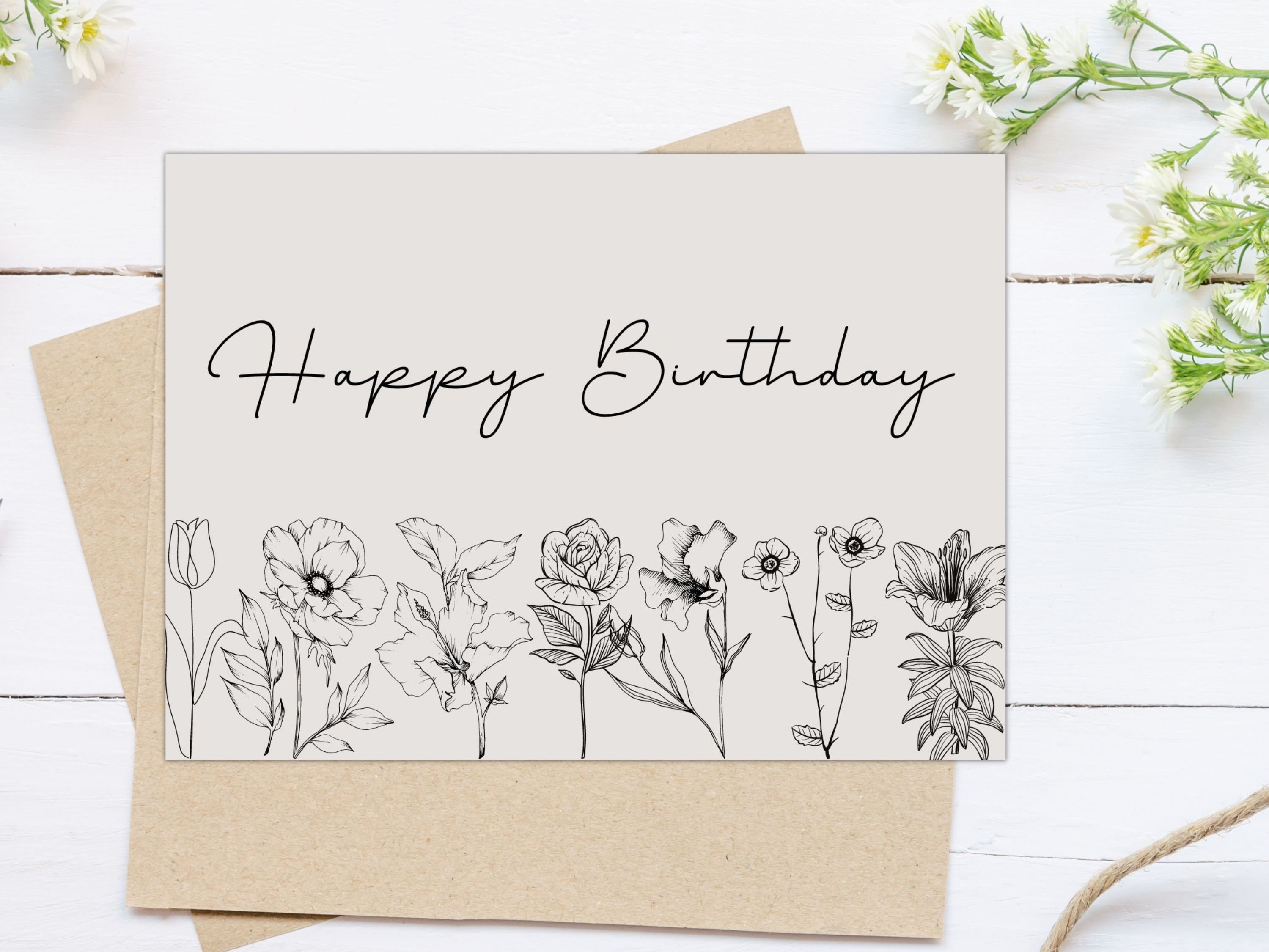 Floral Minimalist Happy Birthday Card Template, Editable Card ...