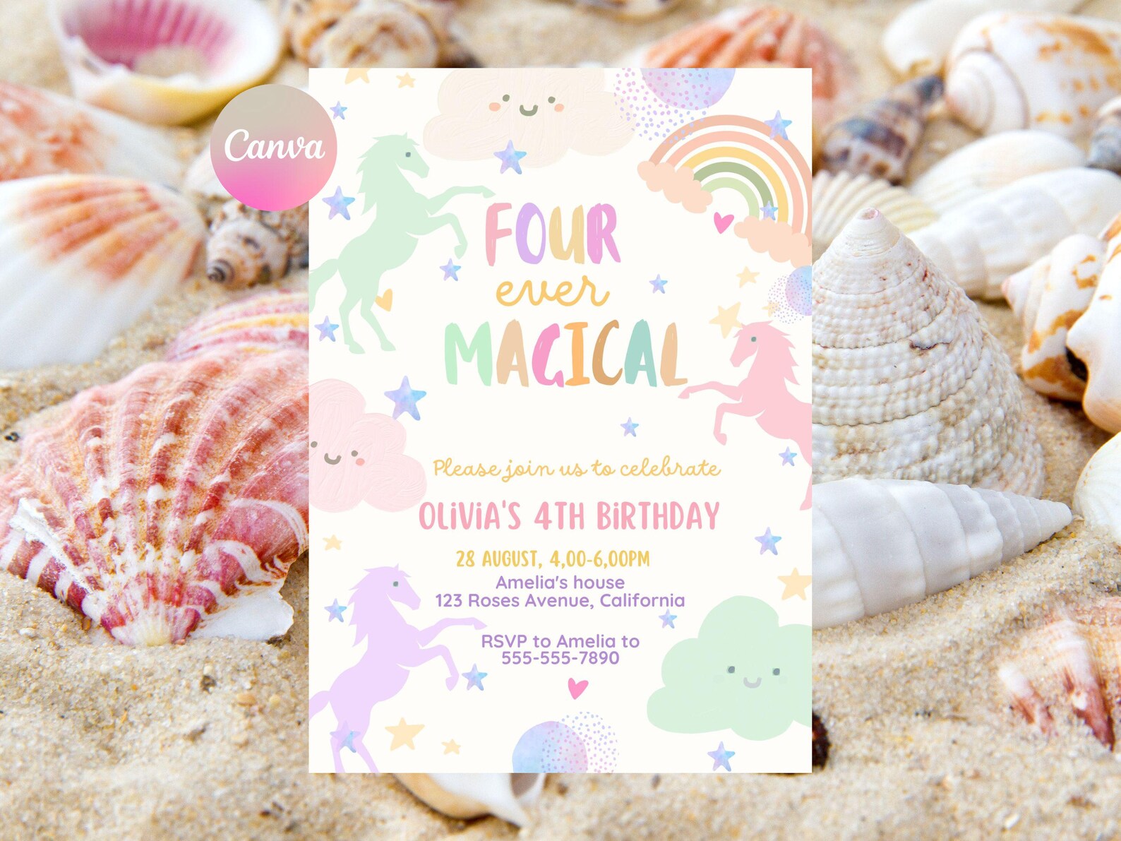 Four Ever Magical 4th Birthday Invitation Horses Party Invite Editable ...