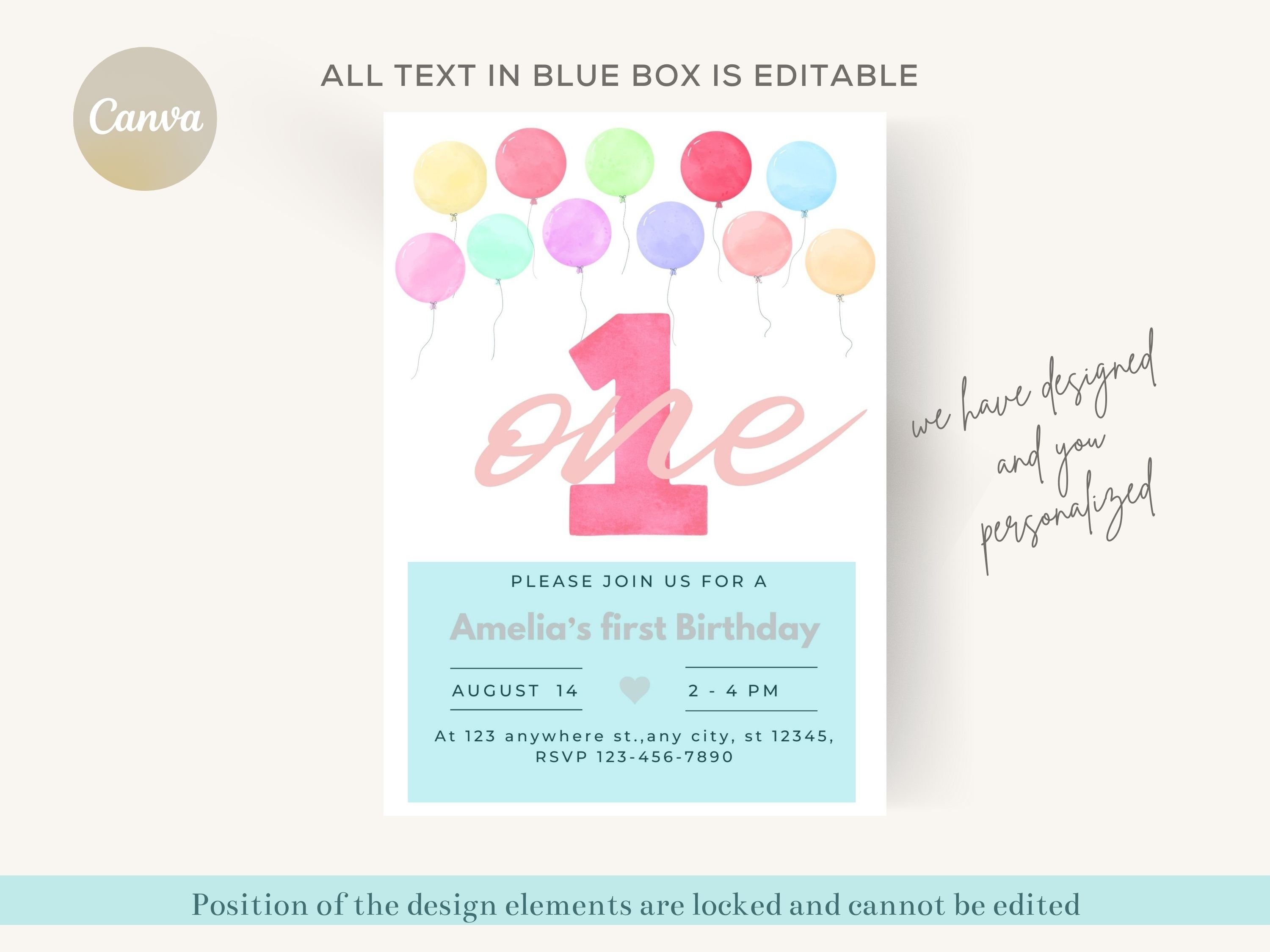 Balloons ONE First Birthday Invitation Editable & Personalized Template ...