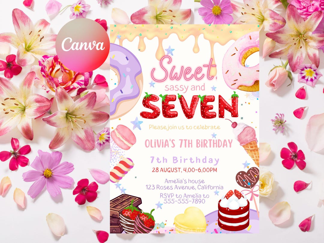 Sweet and Sassy 7th Birthday Invitation, Vibrant Seven Birthday Party ...