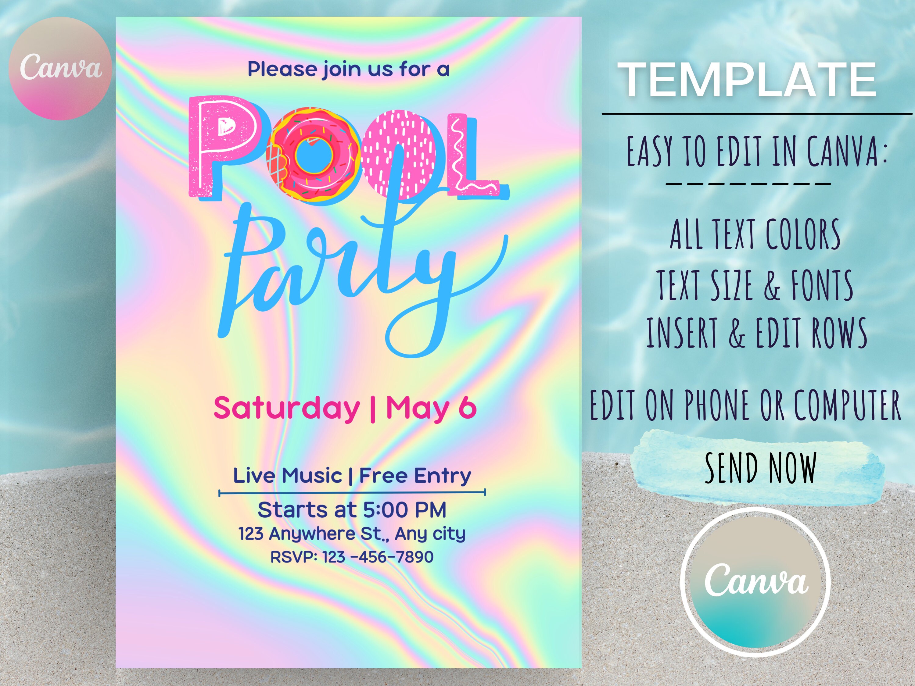 Neon Aqua Pool Party Birthday Invitation Editable & - Etsy