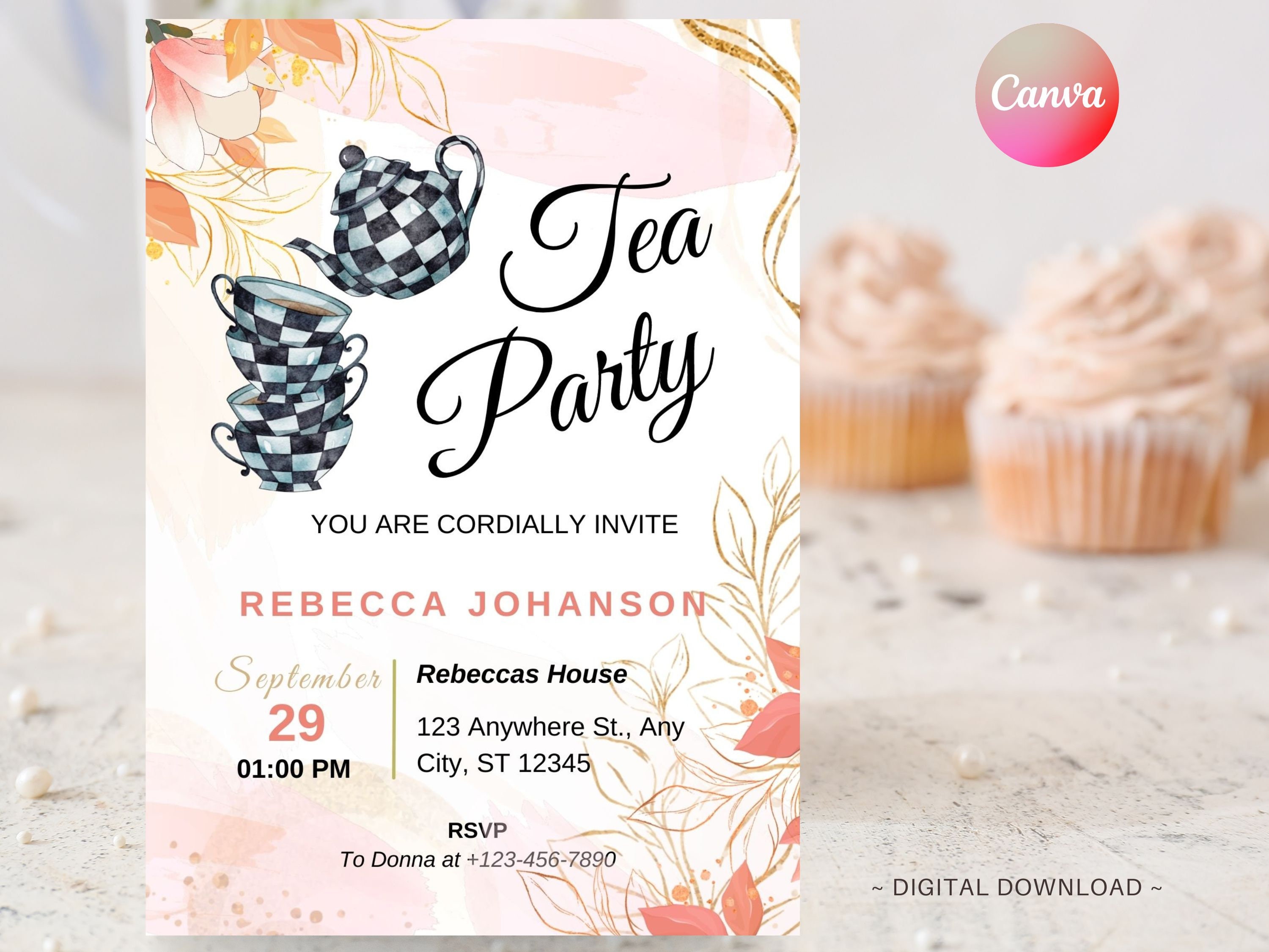 Tea Party Invitation, Tea Party Birthday Watercolor Card Template ...