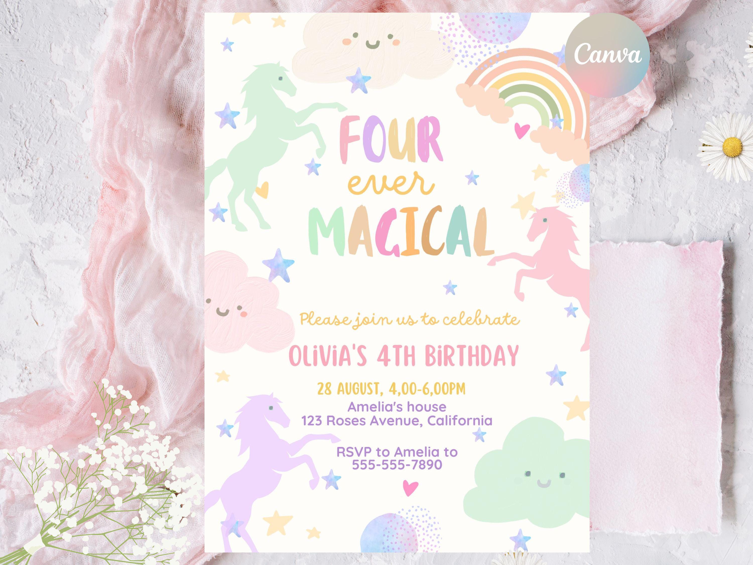 Four Ever Magical 4th Birthday Invitation Horses Party Invite Editable ...