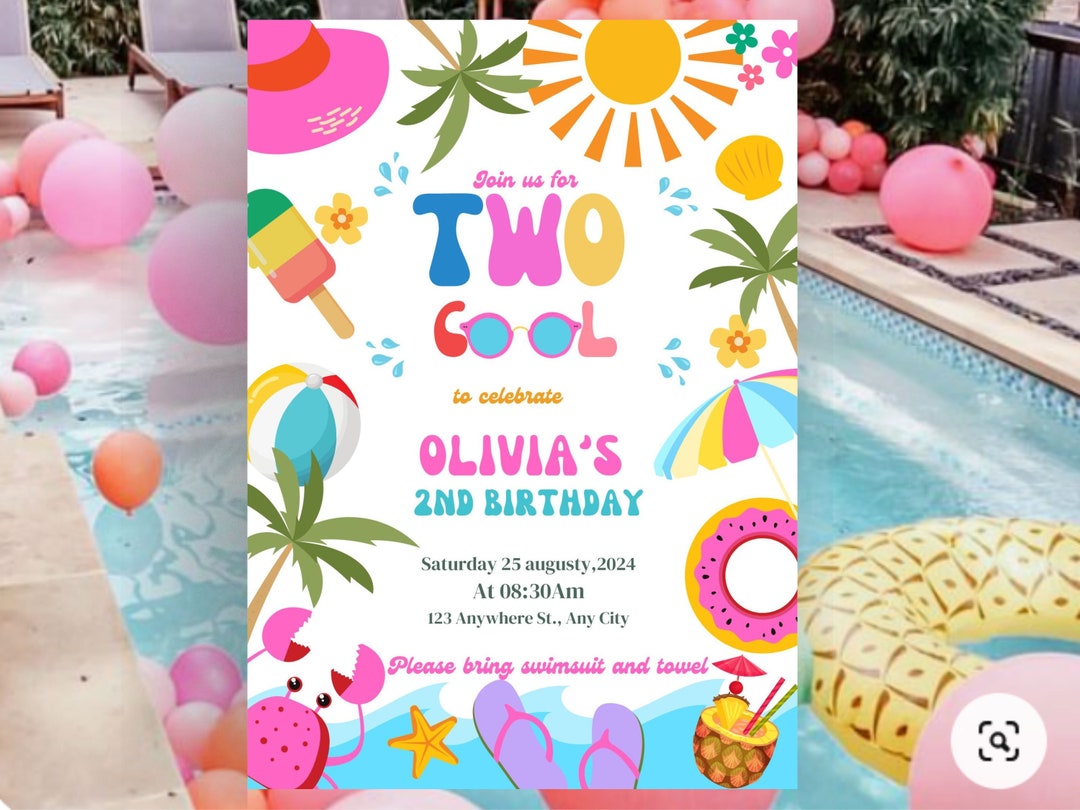 Pink Two Cool Pool Party Birthday Invitation, Girl Swim Party Invite ...