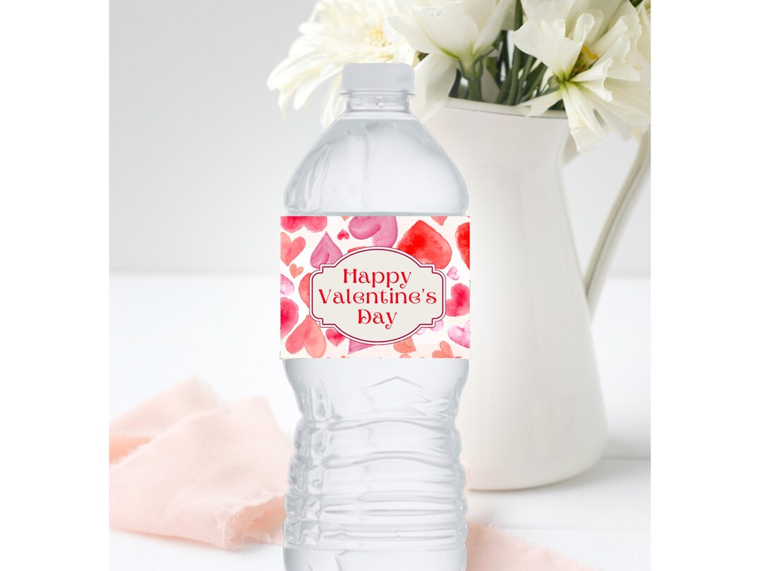 Valentine's Day Water Bottle Label, Editable Pink Red Hearts Galentines ...