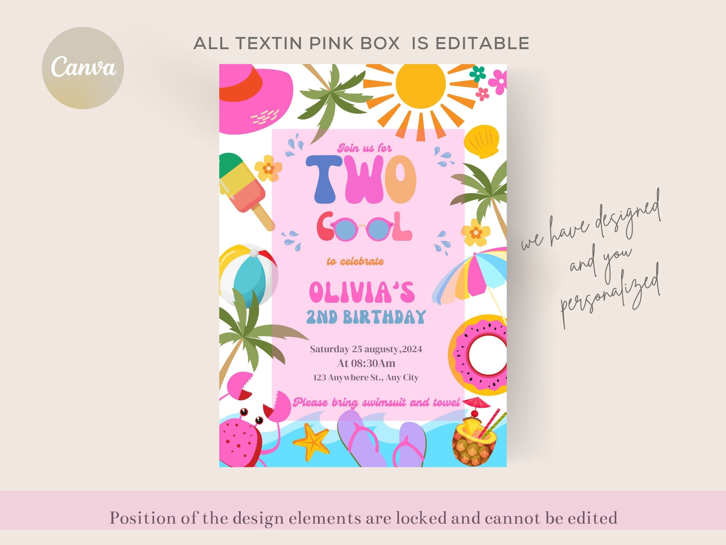 Pink Two Cool Pool Party Birthday Invitation, Girl Swim Party Invite ...