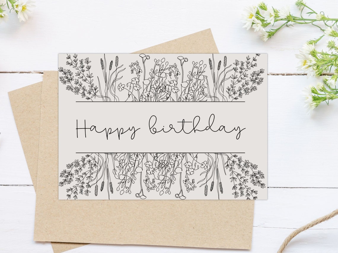 Floral Minimalist Happy Birthday Card Template, Editable Card ...