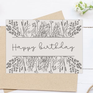 Floral Minimalist Happy Birthday Card Template, Editable Card ...