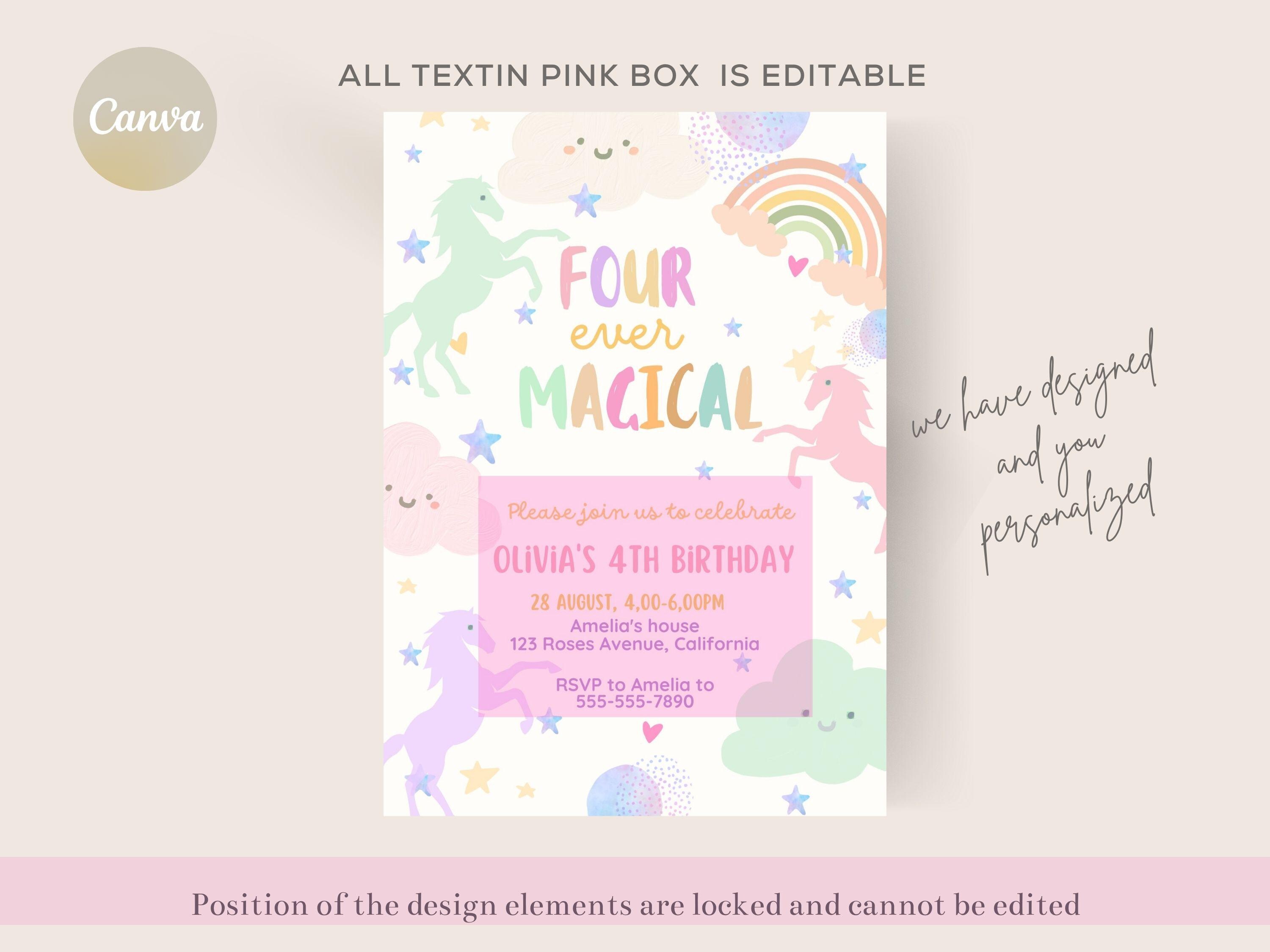 Four Ever Magical 4th Birthday Invitation Horses Party Invite Editable ...