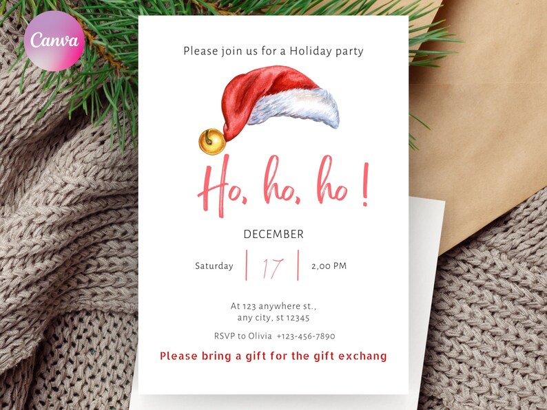 Christmas Red Hat Invitation Printable Template Hohoho - Etsy