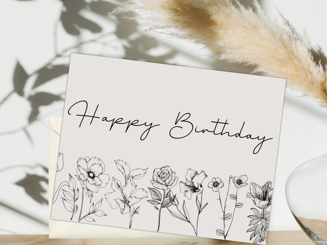 Floral Minimalist Happy Birthday Card Template, Editable Card ...