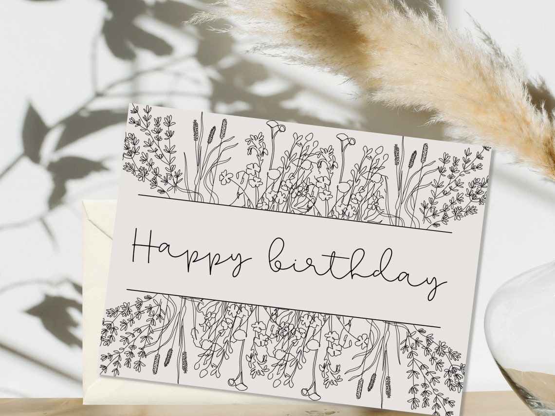 Floral Minimalist Happy Birthday Card Template, Editable Card ...