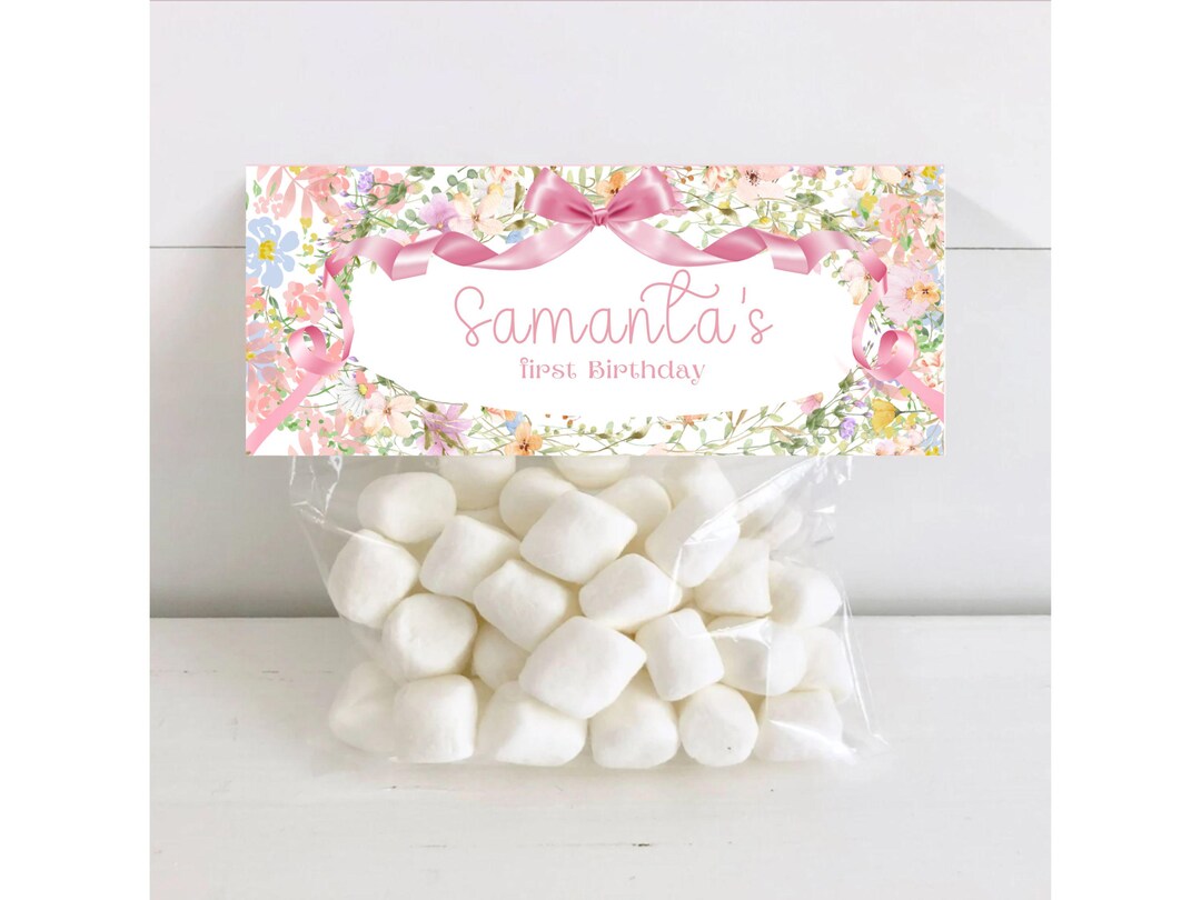 Pink Bow 1st Birthday Candy Bag Label, Pink Floral Girl Birthday ...