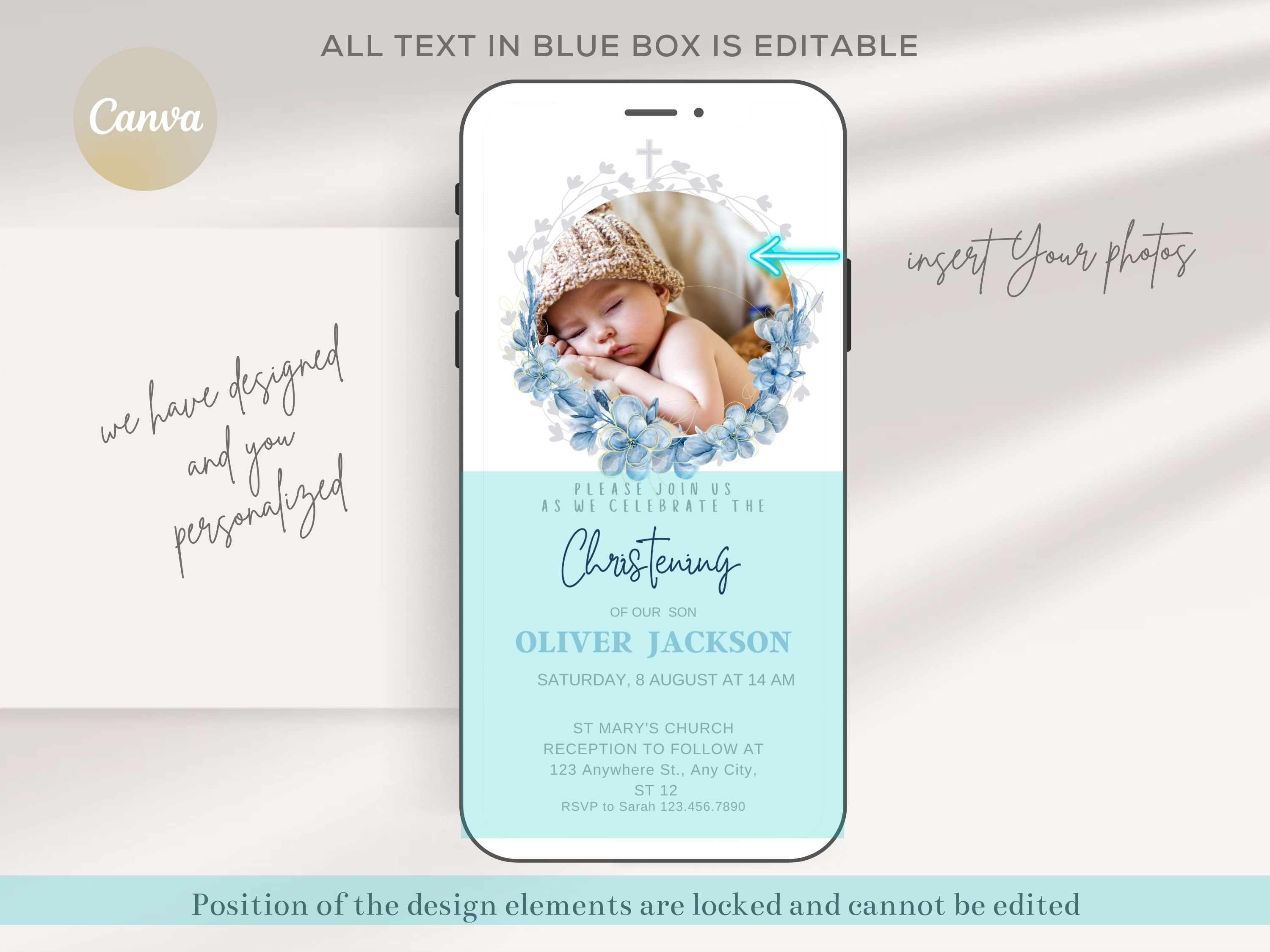 Digital Christening Invitation for Boys, Template Baby Boy Baptism ...